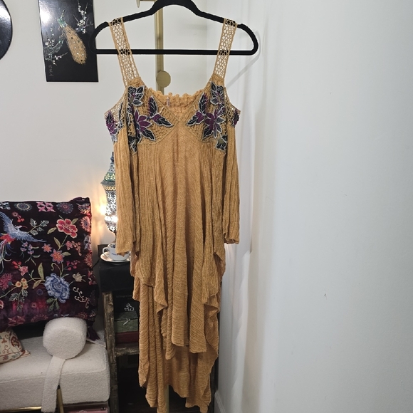 Free People | Dresses | Free People Embroidered Knit Mustard High Low ...